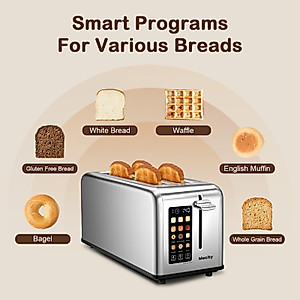 Mecity 4 Slice Toaster Touch Screen 1.5" Long Slot, Stainless Steel Smart Bread Toaster for Bagel Muffin Waffle Gluten Free Breads, Timer, Defrost, Reheat, 120V 1400W