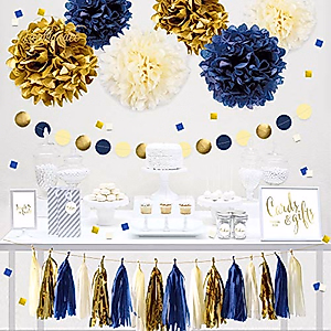 NICROLANDEE Navy Blue Gold Party Decoration Kit Nautical Baby Shower Hanging Pom Poms Paper Garland Party Confetti for Navy Party Get Ready Bridal Shower Wedding Birthday Bachelorette (Navy Gold)