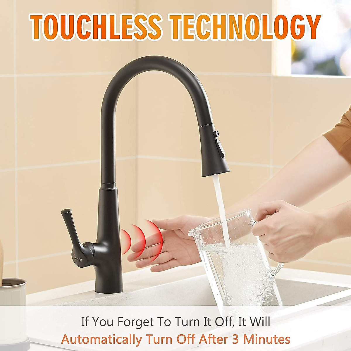 GIMILI Motion Sensor Activated Hands-Free Kitchen Sink Faucet with Soap Dispenser,Matte Black