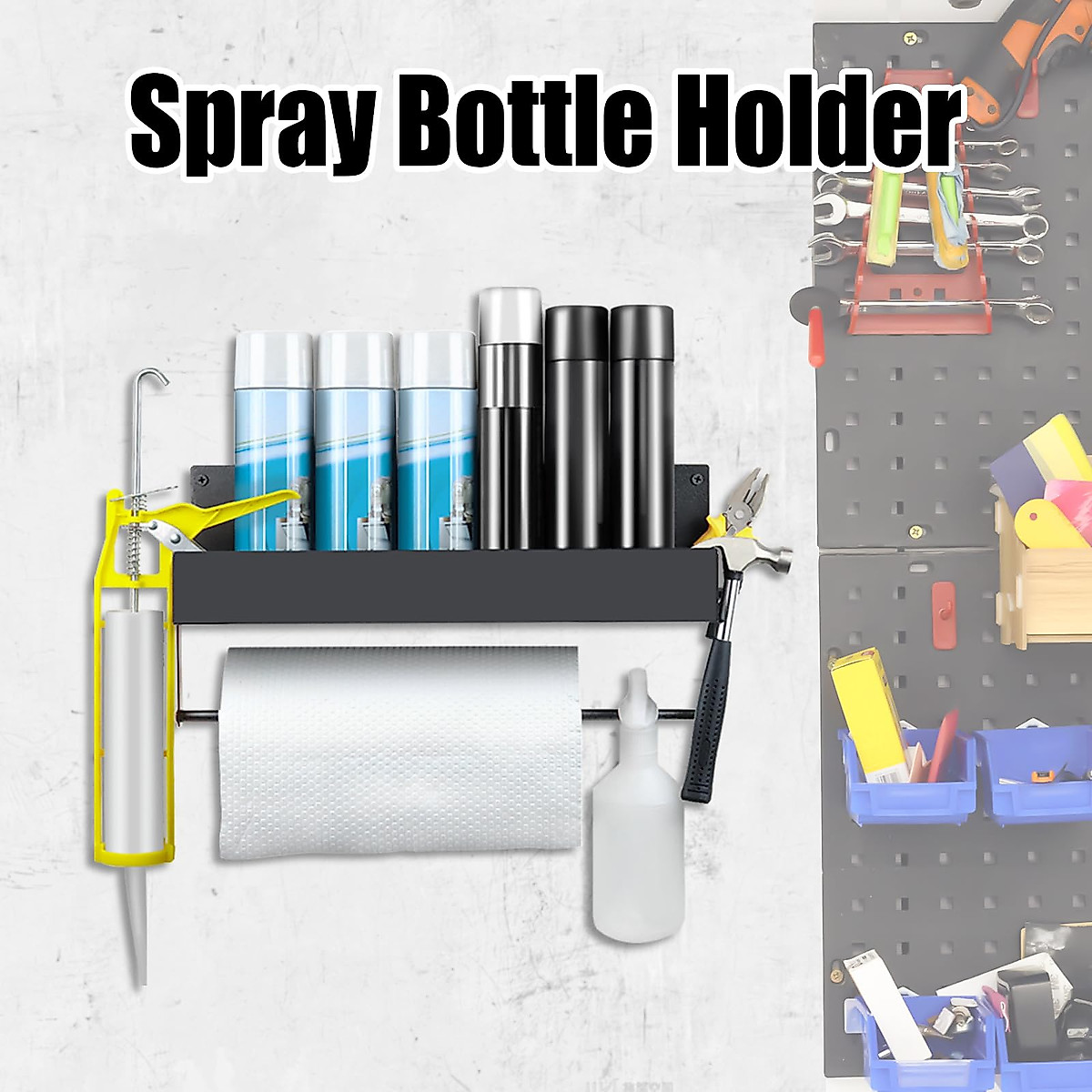 Ansonation Spray Bottle Holder,Garage Paper Towel Holder with Shelf Garage Organizer Wall Mount with Hooks Heavy Duty Paint Bottle Organizer for Garage Home Tool Shed Workbench