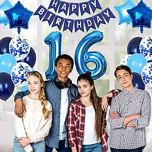 16 Birthday Decorations, Blue 16th Birthday Decorations Girls Boys Party Supplies, Happy 16th Birthday Balloons with Foil Fringe Curtains for Woman Men Birthday Party (16th)