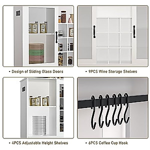Vinctik 6&Fox Farmhouse LED Coffee Bar w/60000-color Lights,Power Outlet,7 Hooks,9Wink Racks,Adjustable Shelf for Tea Liquor Wine.Sliding Glass Door