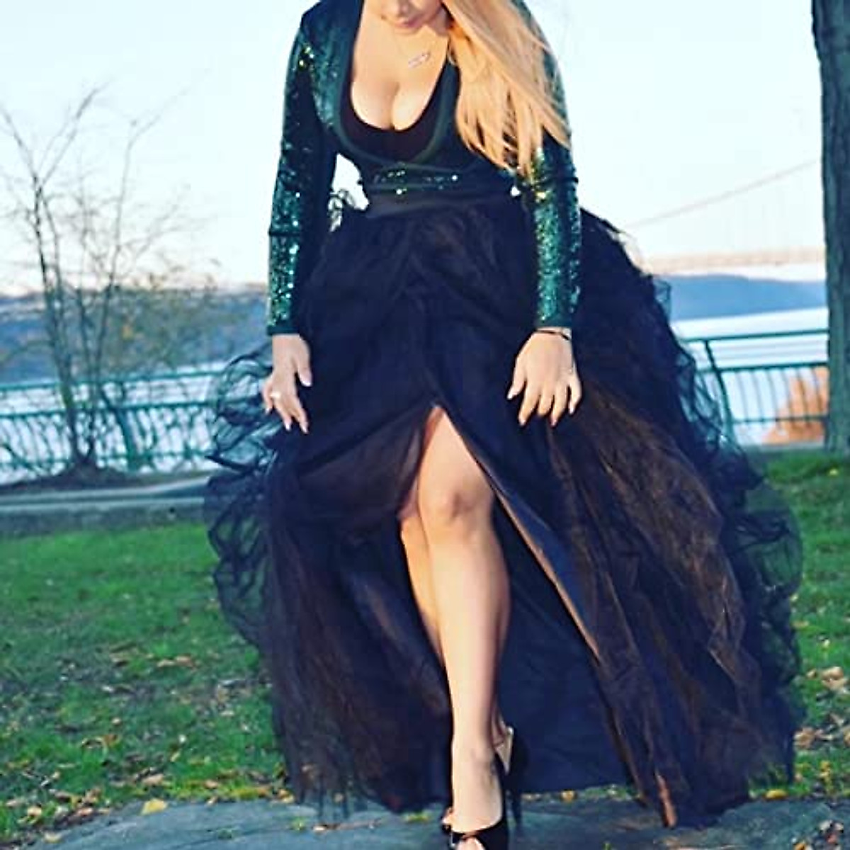 WDPL Women's Long Tulle Split Side Evening Party Skirts XXX-Large Black