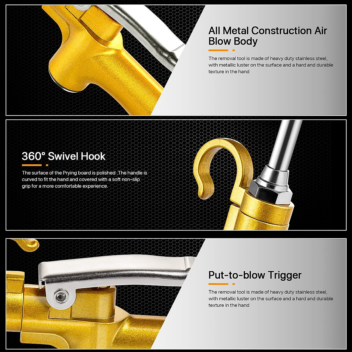 High Volume Industrial Air Blow Gun with Rubber Guard Air Flow Nozzle, Professional Gold Paint Metal Air Blower Gun, Pneumatic Dust Cleaning Tool for Air Compressor Accessories