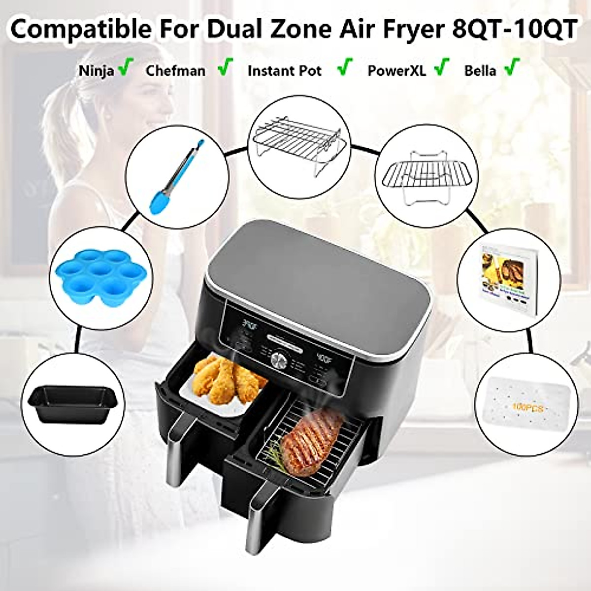 YINGRACE Air Fryer Accessories,Set of 8PCS Dual Basket Air Fryer Accessories Compatible with Ninja DZ201, DZ401, DZ550, Instant Vortex, Chefman, Bella, PowerXL Dual Zone Air Fryers