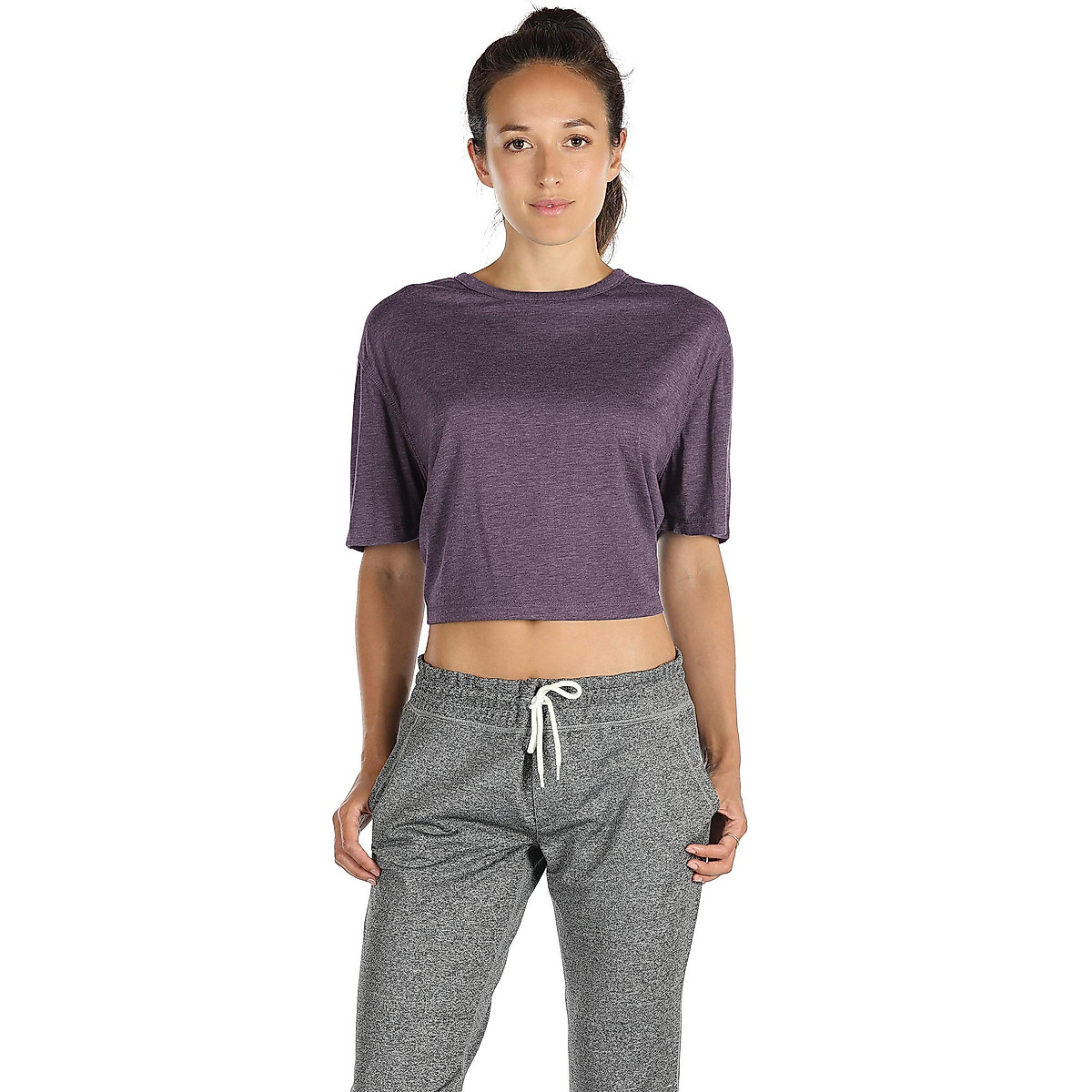 icyzone Open Back Workout Top Shirts - Yoga t-Shirts Activewear Exercise Crop Tops for Women (M, Plum Purple)