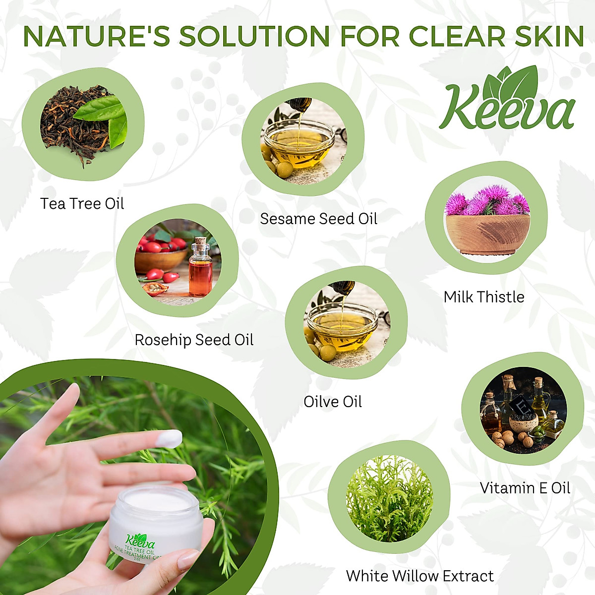 Keeva Organics Acne Treatment Cream With Secret TEA TREE OIL Formula - Perfect For Acne Scar Removal, Fighting Breakouts, Spots, Cystic Acne - See Results in Days Without Dry Skin (1oz)