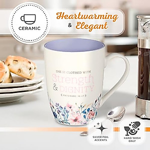 Christian Art Gifts Ceramic Scripture Coffee and Tea Mug for Women 12 oz Lavender Floral Inspirational Bible Verse Mug - Strength and Dignity - Proverbs 31:25 Lead-free Novelty Mug