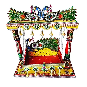 Kundan Work Laddu Gopal Bal Gopal Krishna Wooden Swing Jhula(41x41 cm) Seating Area 10x10 inches & 5 Number Laddu Gopal Seating with Multi-Color Stone Pearl