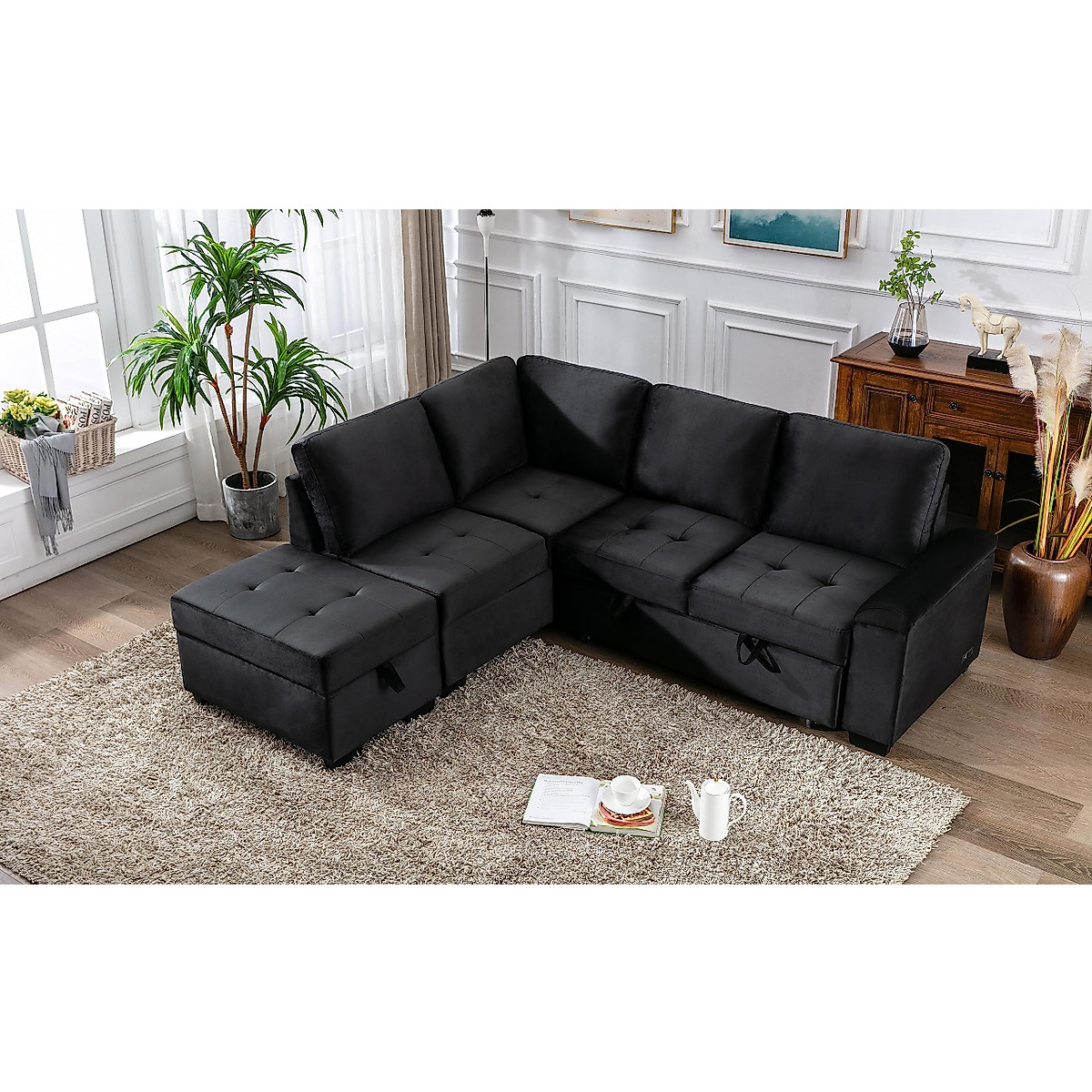 Bellemave Sectional Sleeper Sofa Pull Out Couch with Storage & USB Charging L Shaped Convertible Sofa Bed with Ottoman for Living Room Apartment, Black