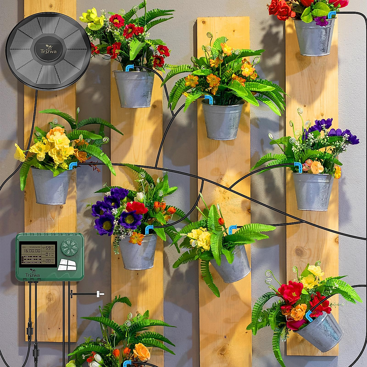 Solar Irrigation System with Automatic DIY Water Timer TRJZWA 2024 Latest Drip Irrigation System Kit for Garden,Balcony,Greenhouse,Garden Watering System Supports 15 Potted Plants with 15 Meter Hose