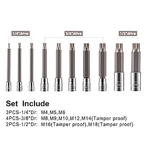CASOMAN 10 Piece Spline Tip Bit Socket Set, M-Type, S2 and Cr-V Steel, Extra Long 4'' Length, M4-M18, XZN Triple Square Spline Bit Socket Set