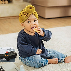 8 Pack Solid Green Blue Red Pink Gray Large Donut Ball Knot Bow Cotton Beanie Turban Hat Cap India Muslim Islamic Headwrap Winter Hospital Nursery for Newborn Baby Girl Infant Toddler Kids