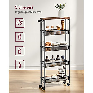 VASAGLE Slim Rolling Cart, 5-Tier Storage Cart, Narrow Cart with Handle, 5.1 Inches Deep, Metal Frame, for Kitchen, Dining Room, Living Room, Home Office, Rustic Brown and Classic Black ULRC034B01