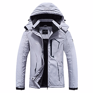 Pooluly Women's Ski Jacket Warm Winter Waterproof Windbreaker Hooded Raincoat Snowboarding Jackets Light Gray-S