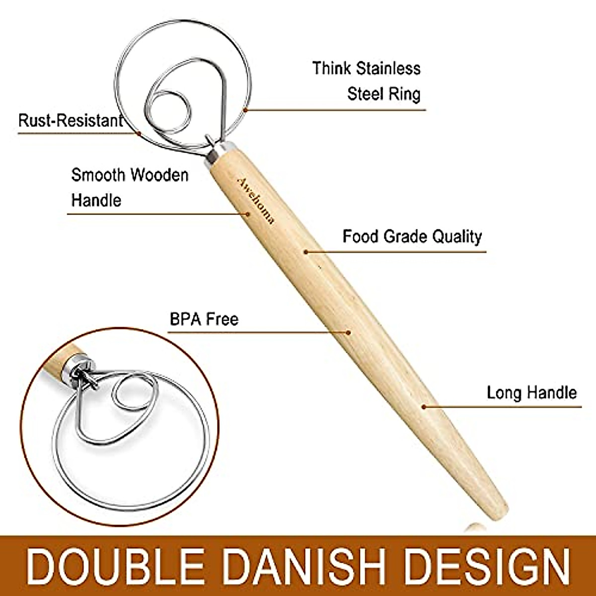 Awehoma Danish Dough Whisk Large Hand Mixer - 2 Pack Large 13” Stainless Steel & Wooden Danish Whisk - Dutch Style Artisan Blender for Bread, Batter, Cake, Pastry, and More - Gift for Bakers