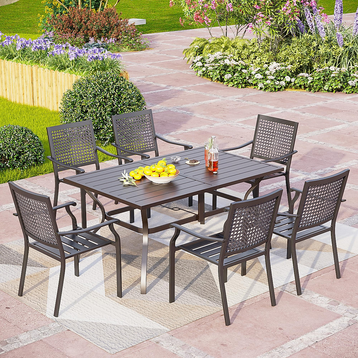 PHI VILLA 60'' Outdoor Dining Table for 6, E-Coating Metal Patio Table with 1.57" Umbrella Hole, All-Weather Resistant Rectangular Table for Patio, Backyard, Garden