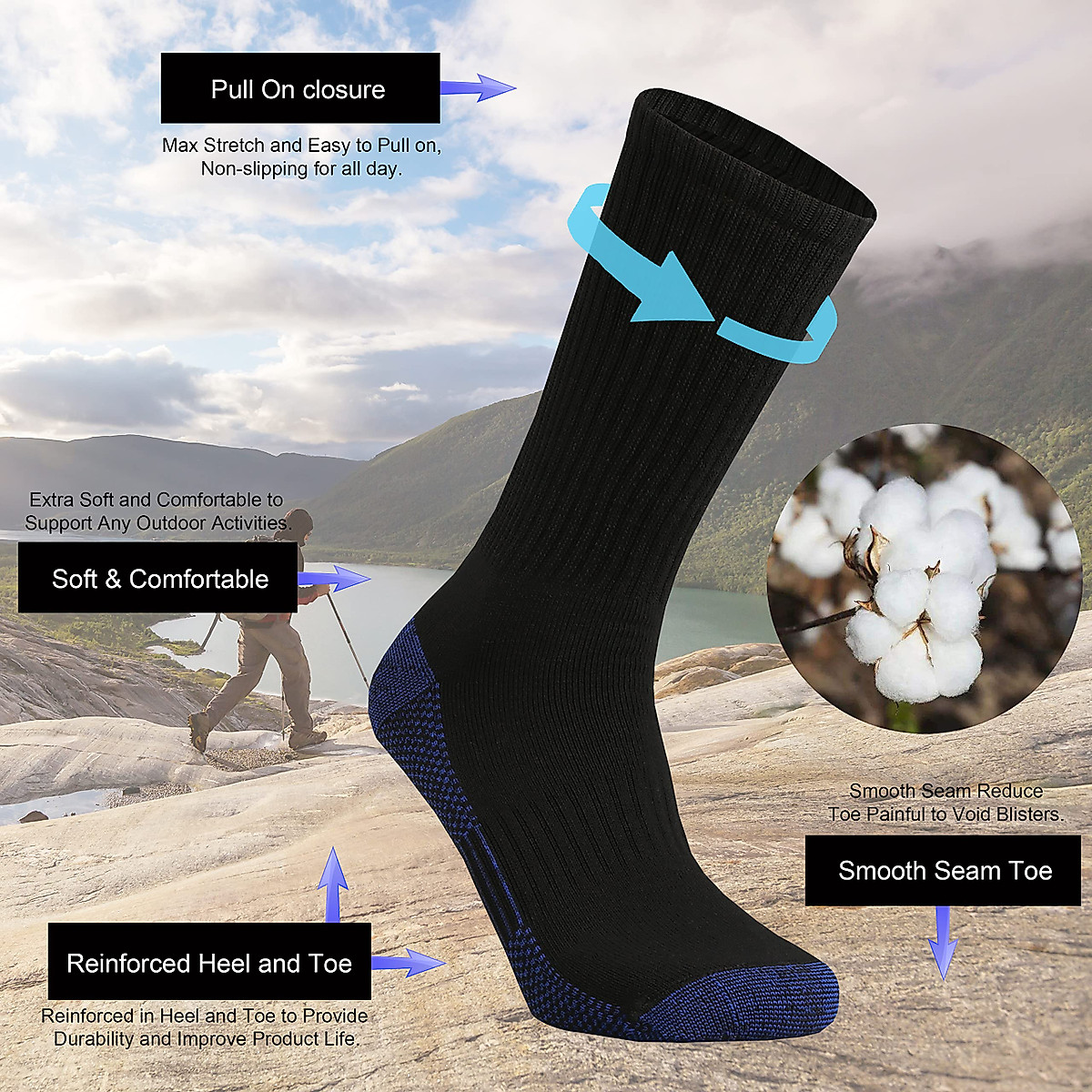 Ortis Men's Cotton Cushion Crew Socks Moisture Wicking Breathable Thick Warm Thermal for Athletic Heavy Duty Work Boot(BlackBlue L)