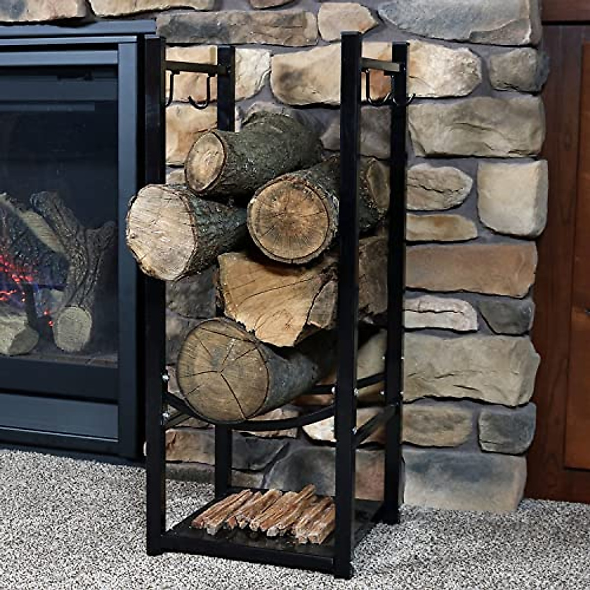 Sunnydaze Firewood Log Rack with Tool Holder Hooks - Indoor/Outdoor Durable Powder-Coated Steel Space-Saving Design - Black