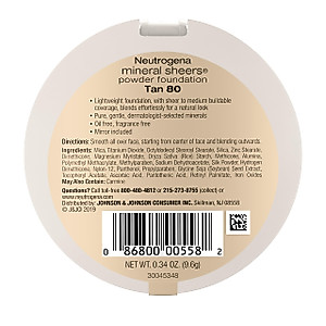 Neutrogena Mineral Sheers Compact Powder Foundation, Lightweight & Oil-Free Mineral Foundation, Fragrance-Free, Tan 80,.34 oz (Pack of 2)