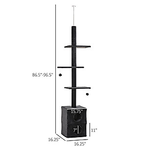 PawHut Cat Tree Floor to Ceiling Condo w/Jute Scratching Post Dangling Ball Adjustable 86.5" H -96.5" H, Grey