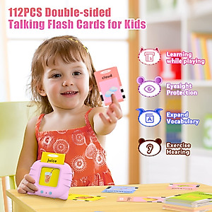 FISHOAKY Talking Flash Cards Educational Toys for 2 3 4 5 6 Year Old Boys Girls, Learning Toys, 112 Audible Baby Flash Cards 224 Words, Preschool Learning Toys Birthday Gift for Kids, Pink