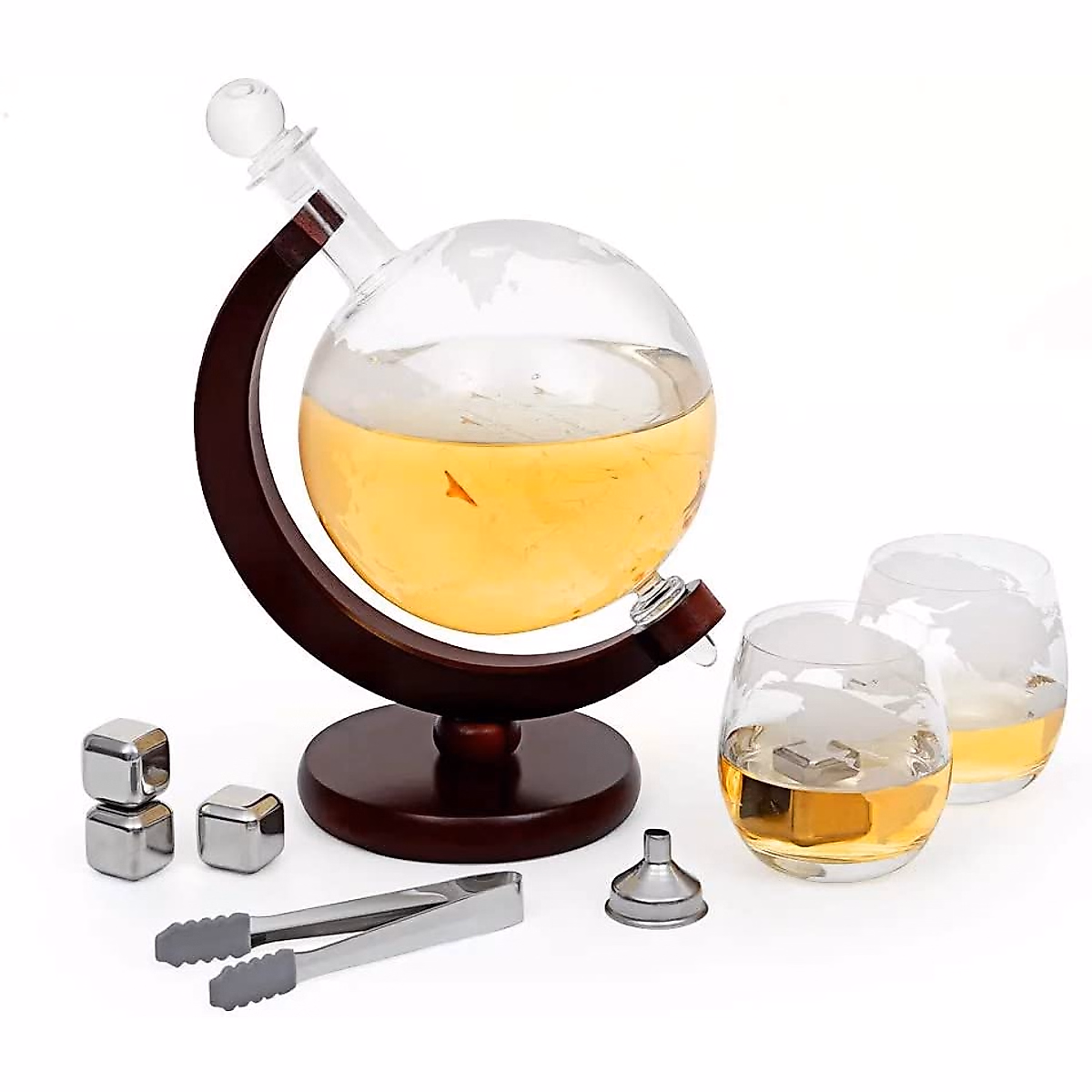 Whiskey Decanter Set, Etched World Globe, Crafted Glass Sailing Shipe, 1000ml Capacity, Ice Tongs, Whiskey Stones, Home Bar Liquor Decoration, Alcohol Gifts for Father& Husband
