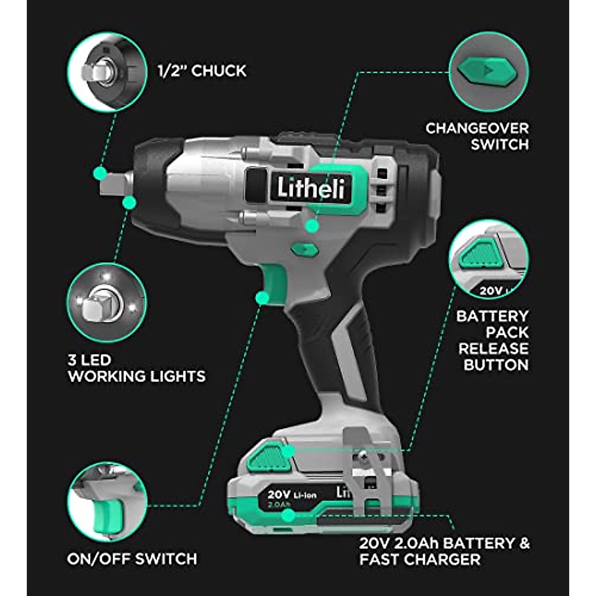 Litheli Impact Wrench Cordless, 1/2 inch Power Impact Driver with 320 ft-lbs(430N.m) Max Torque, 20V Impact Gun Kit with 2.0Ah Li-ion Battery ＆ Fast Charger for Car Home