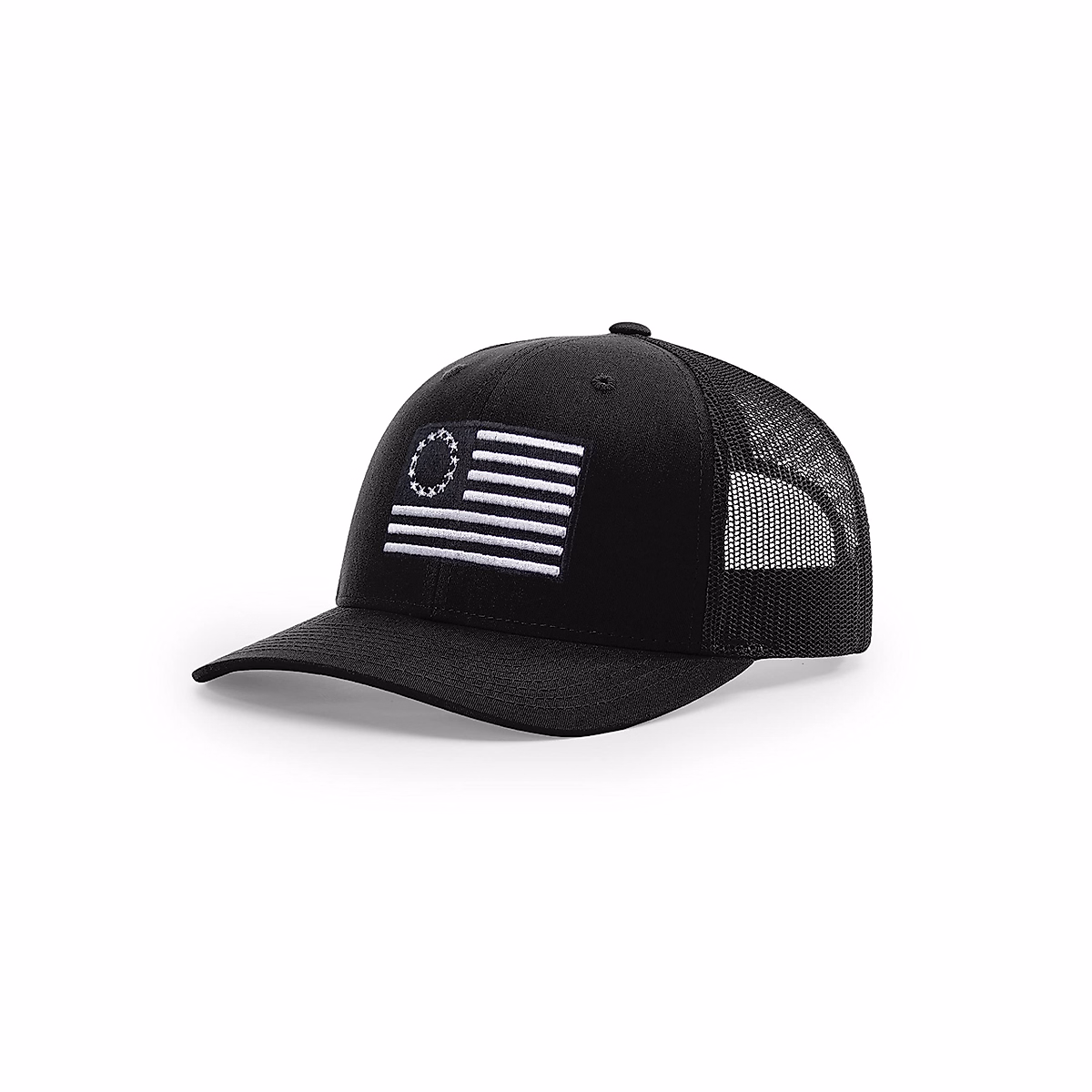 Patriotic Betsy Ross American Flag Embroidered Richardson 112 Trucker Cap Hat Black/Black