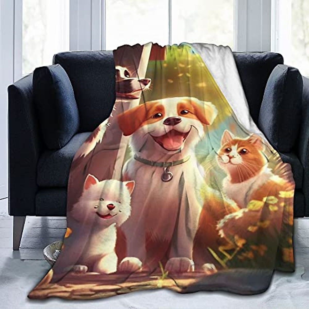 Happy Cat and Dog in The Morning Flannel Fleece Blanket - Cute Cartoon Pet Pattern, Soft and Comfortable, Suitable for Sofa and Bed, Easy to Clean, 40"x50"