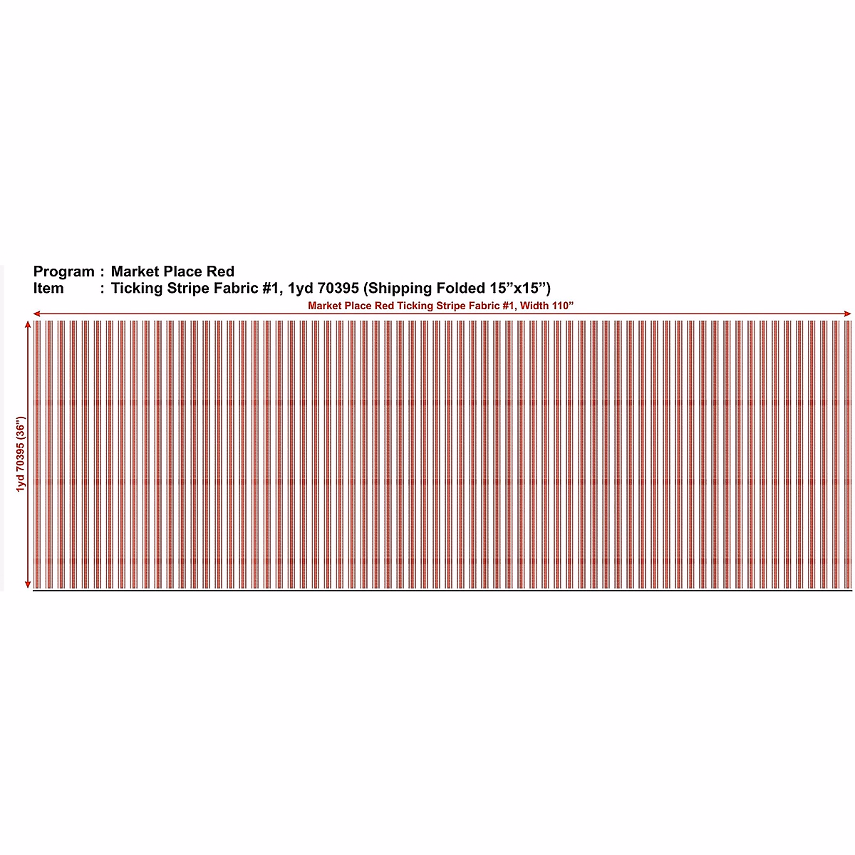 Piper Classics Market Place Red Ticking Stripe Bulk Yardage, One Yard, 36" x 110" Wide