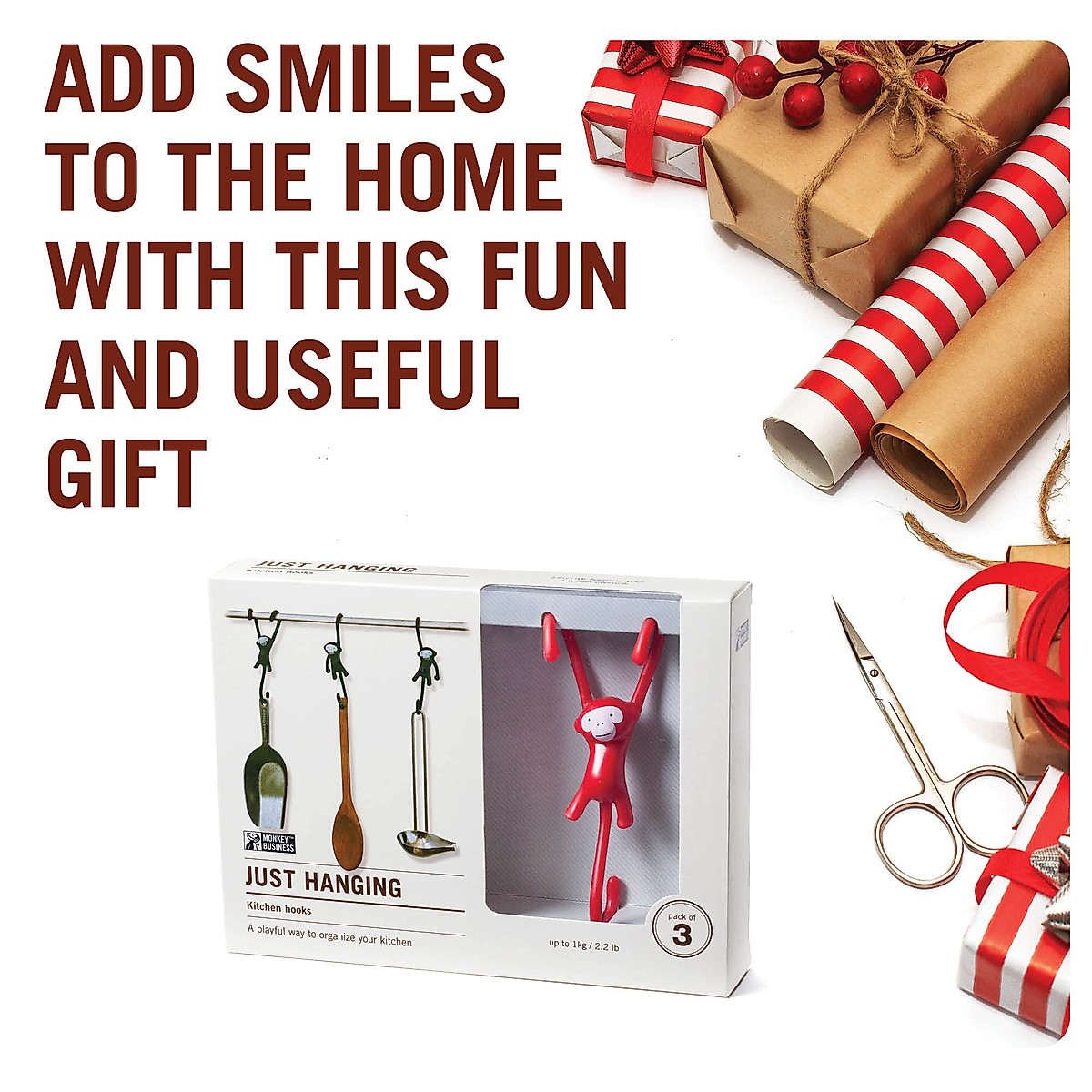 Monkey Business Just Hanging: Fun Kitchen Hooks/Set of 3 Monkey Hangers/S Shaped Hooks with a Twist (Red)