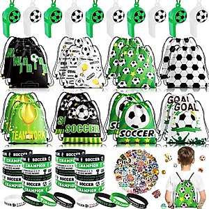 Miucat 98Pcs Soccer Party Favors, Soccer Drawstring Bags with Silicone Bracelet Soccer Whistles Stickers Soccer Goodie Bags for Soccer Party Decorations Supplies