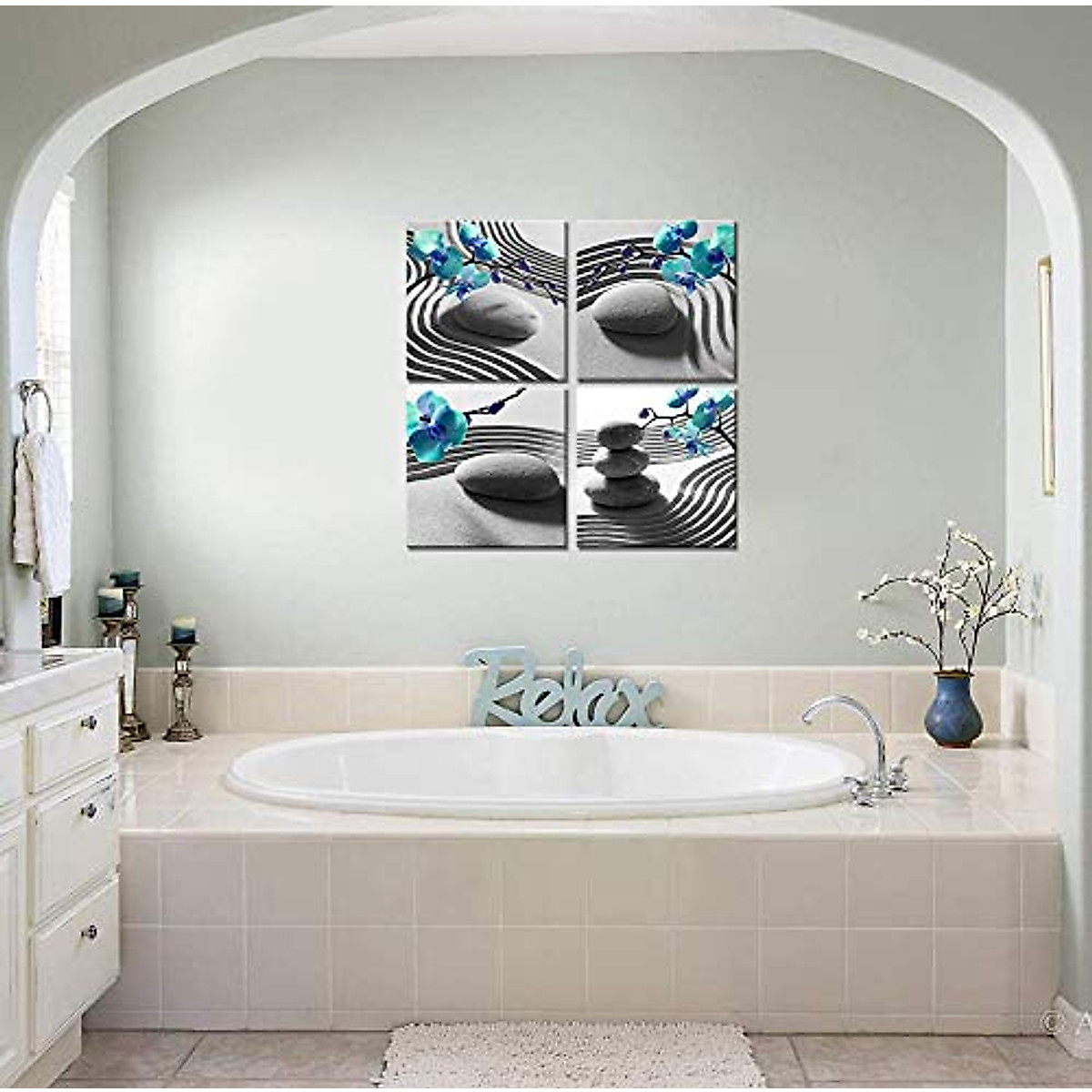 Nachic Wall 4 Piece Bedroom Wall Art Elegant Blue Phalaenopsis Orchids Pictures Massage Stone Canvas Prints Artwork Relaxation Zen Spa Decor for Bathroom Framed Ready to Hang (12"x12"x4)