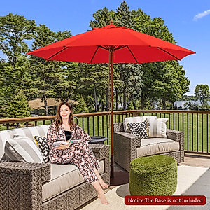 Tangkula 9.5 FT Red Wooden Pulley Umbrella with 8 Fiberglass Ribs, Rope Pulley Mechanism, and Vented Canopy for Patio, Deck, Poolside, Garden, Lawn, Terrace