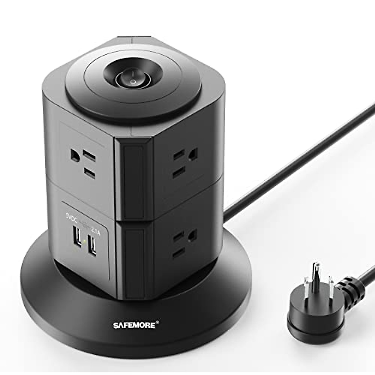 4 Side Power Strip Tower SAFEMORE with 7 Widely Outlets / 2 USB Ports, Flat Plug 6ft Charging Station for Home & Office (Black)