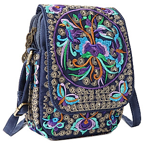 Embroidered Small Canvas Crossbody Bag Cell Phone Bag for Women Handmade Mini Shoulder Bag Wallet Bag Pouch(Blue)