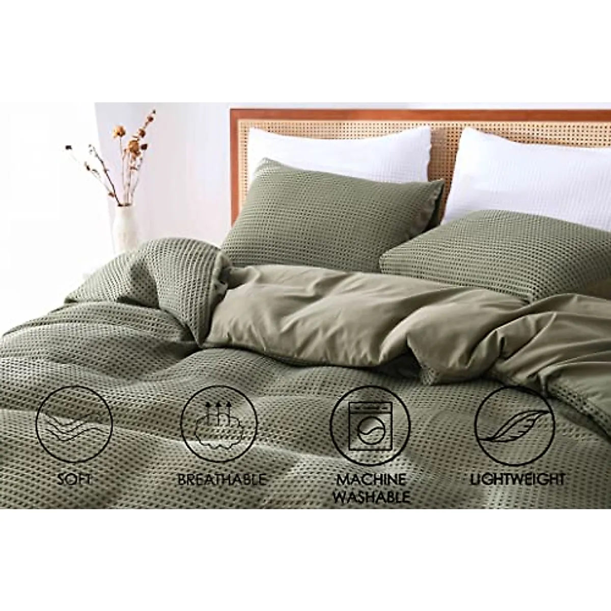 Moonline Duvet Cover Set,Textured Waffle Weave Olive Green Sage Duvet Cover King Size,Soft and Breathable Duvet Cover with Corner Ties (King, Olive Green)