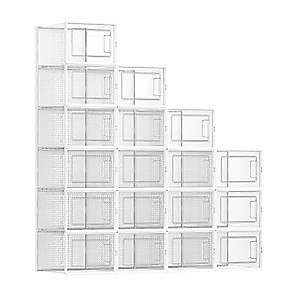 SONGMICS Shoe Boxes, Set of 18 Shoe Storage Organizers, Stackable and Foldable for Sneakers, Fit up to US Size 13, Transparent and White ULSP18MWT