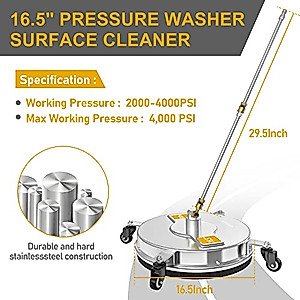 EVEAGE Pressure Washer Surface Cleaner, Power Washer Surface Cleaner with 4 Wheels, Stainless Steel Housing Power Washer Accessories with 2 Extension Wand, 2 Replacement Nozzles, 4000 PSI (16.5 inch)