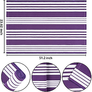 Purple and White Striped Outdoor Rug 24'' x 51''Outdoor Front Porch Rug Hand-Woven Machine Washable Indoor/Outdoor Layered Door Mats for Entryway/Bedroom/Outdoor