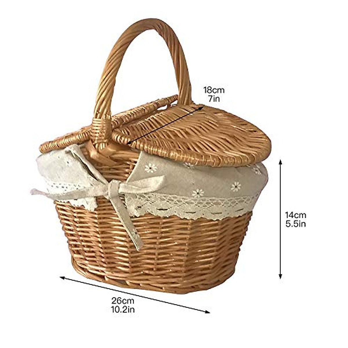 JFBUCF Willow Basket Picnic Basket, Traditional Picnic Hamper with Handle and Double Lids Small Handmade Woven Eggs Candy Basket Flower Basket Rattan Storage, 10x7.7x5.5 inch