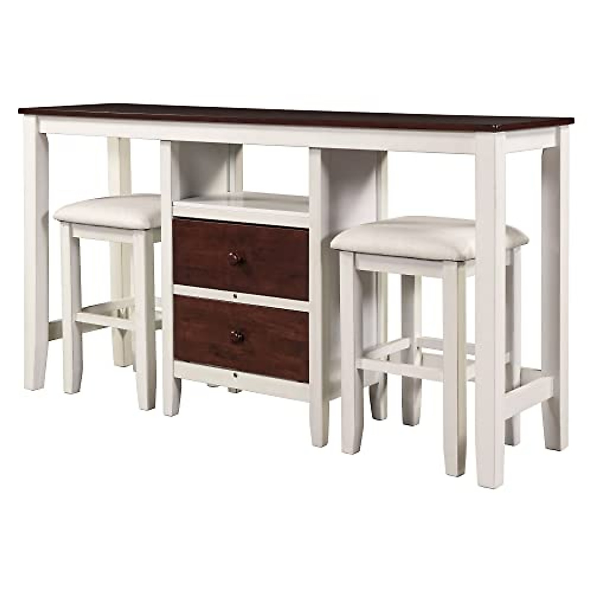 JIVOIT 3-Piece Counter Height Dining Table Set with 2 Storage Drawers and 2 Upholstered Stools, Open Shelve, Farmhouse Rustic Wooden Bar Set Bistro Dining Set (Brown+White with 2 Stools)