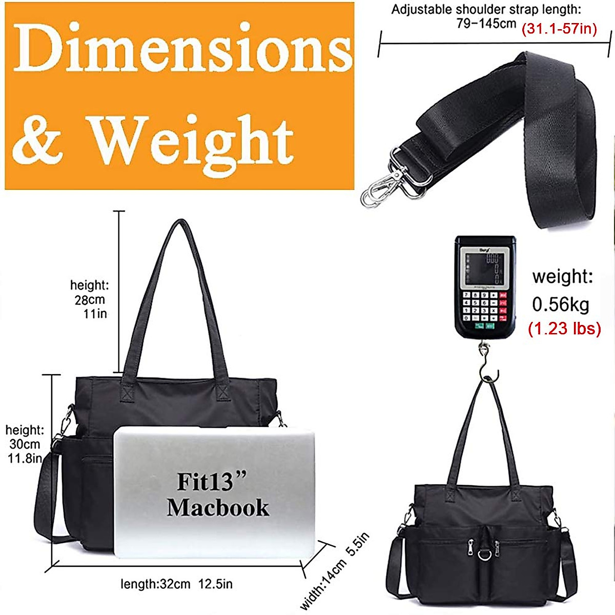 Womens Tote Bags Multi Pocket Soft Nylon Shoulder Bag Waterproof Travel Work Purse and Handbags (Black)