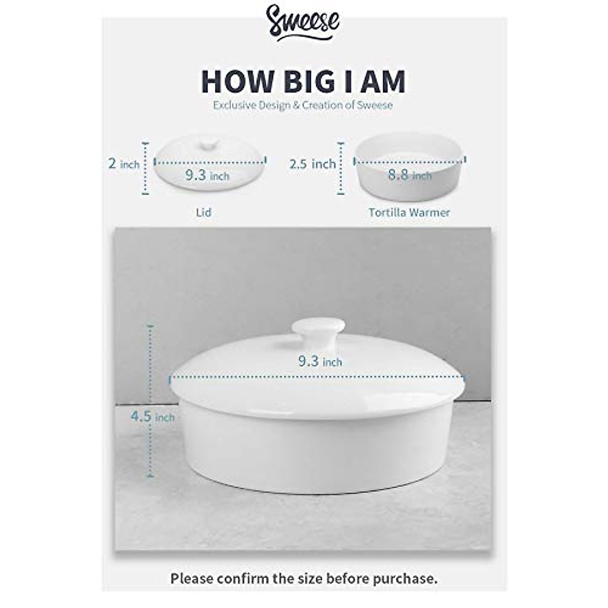 Sweese 740.101 Porcelain Tortilla Warmer, Hold up to 12 Tortillas, Ceramic Tortilla Server, Tortilla Holder with Lid for Taco Tuesday Night, Mexican Fiesta Party - Microwave & Oven Safe, White