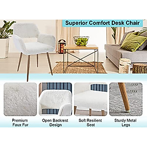 Desk Chair Faux Fur Desk Chair No Wheels Dining Room Chairs - Fluffy Desk Chair Upholstered Desk Chair Modern Dining Chairs, Furry Accent Chair for Bedroom, Armrest Cute Side Chair for Living Room