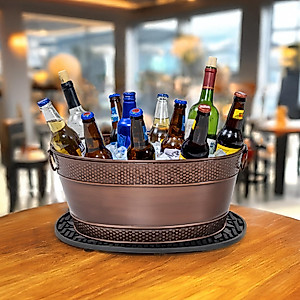 BREKX Copper Finish Drink Tubs + Insulated Party Mats for Parties, Oval Ice Buckets for Parties (Set of 2 tubs + 2 Bar Mats), Drink Buckets for Parties with Drip Mat for Cocktail Bar