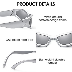 LIKSMU Wrap Around Street Fashion Sunglasses for Women Men Swift Oval Trendy Shades Sun Glasses 100% UV Protection Silver Mirrored Lens and Silver Frame