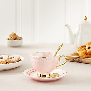 3-Piece Pink Marble Tea Cup and Saucer Gift Set for 1, 7 oz Teacup with Gold Spoon