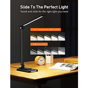 sympa LED Desk Lamp, Desk Lamp with Wireless Charger, Dimmable Desk Light with 25 Light Modes, Study Lamp with Night Light, 60 Min Timer, 5S Delay, for Home Office